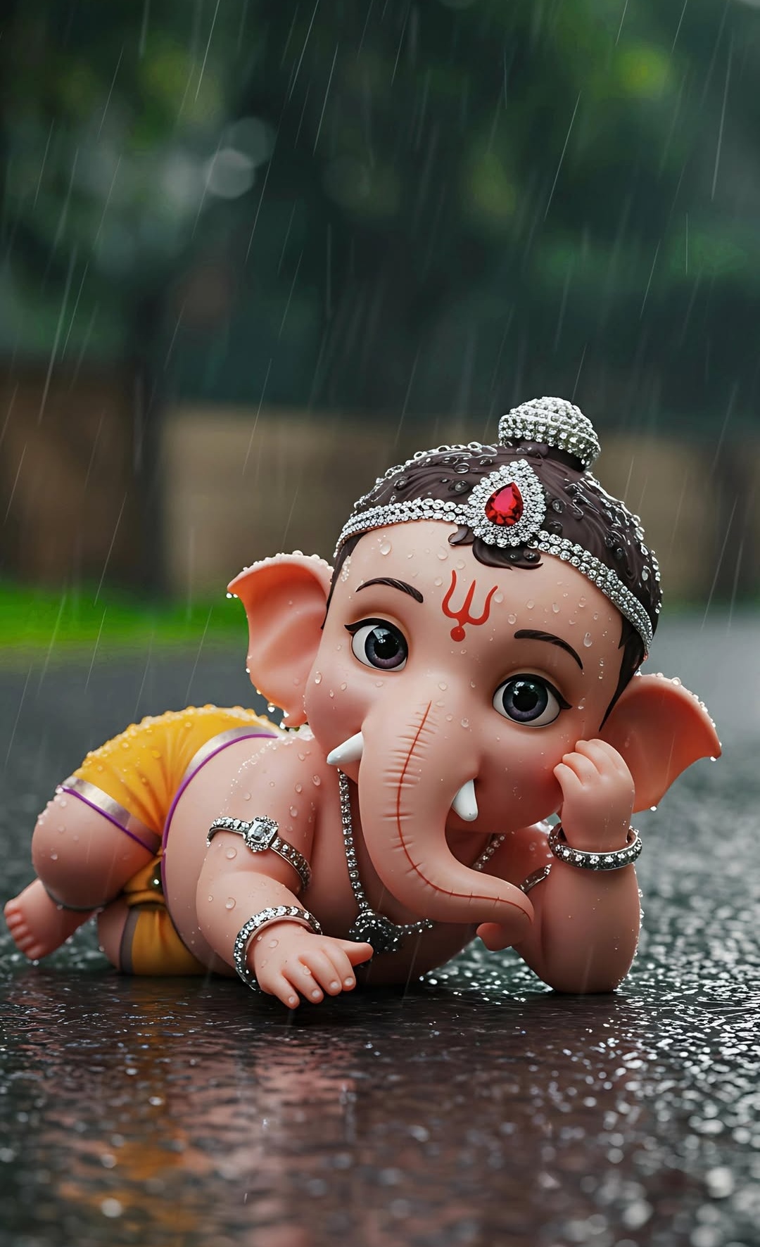 Cute Baby Lord Ganesha Idol in Rain - GodsPhoto