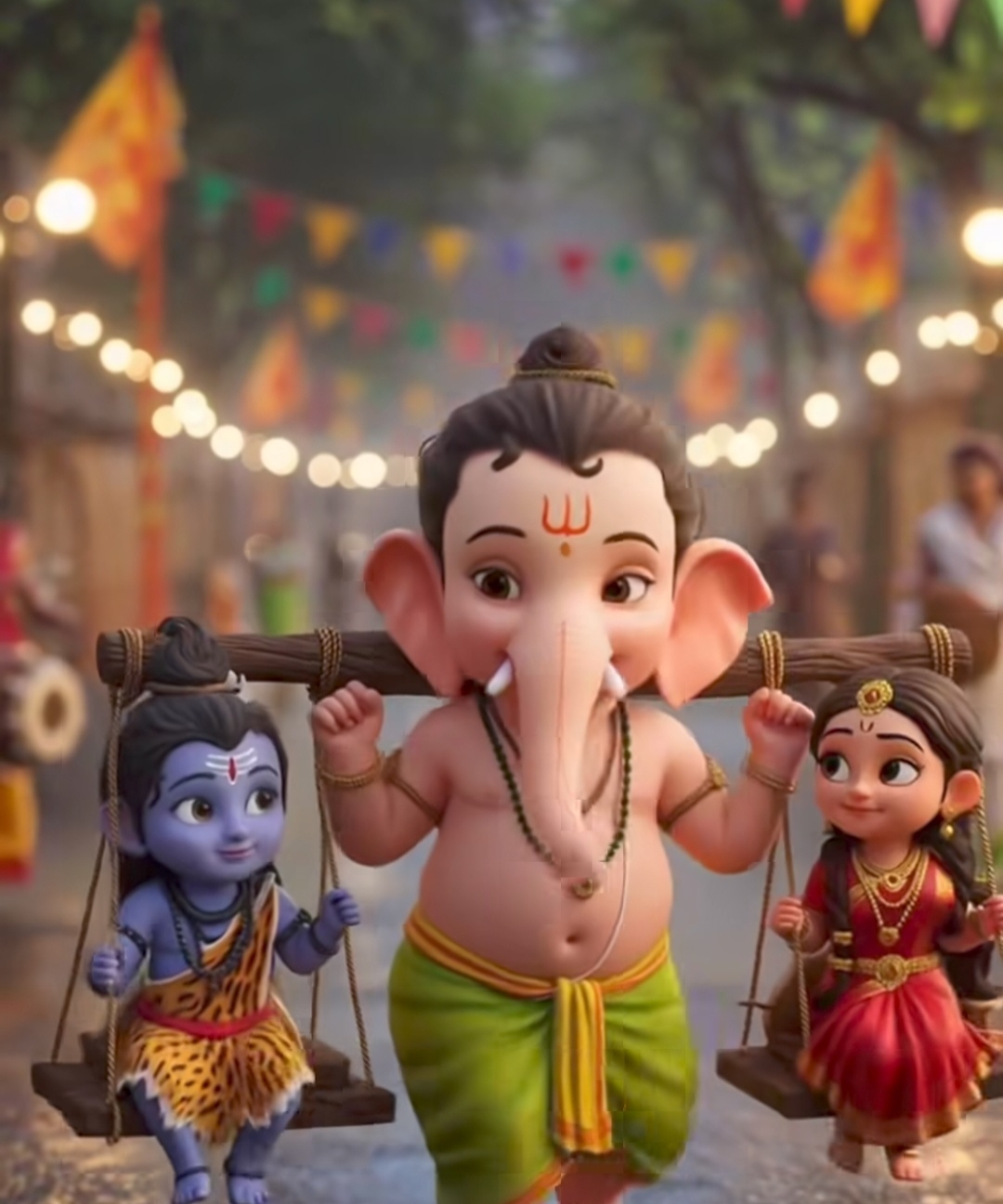 Cute Lord Ganesha with Little shiva and Devi - GodsPhoto
