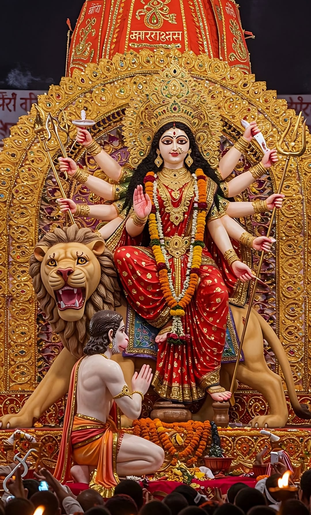 Durga Idol with Hanuman Devotee and Lion - GodsPhoto