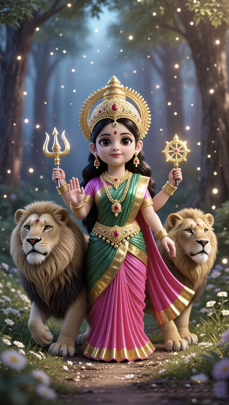 Beautiful Goddess Durga in Pink Saree with Divine Grace - GodsPhoto