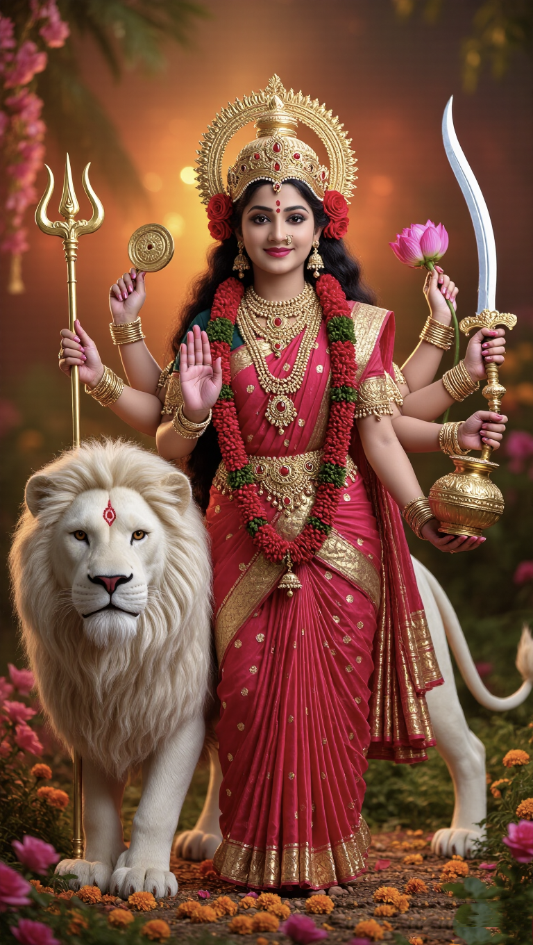 Powerful Goddess Durga Riding Lion in Red Saree - GodsPhoto