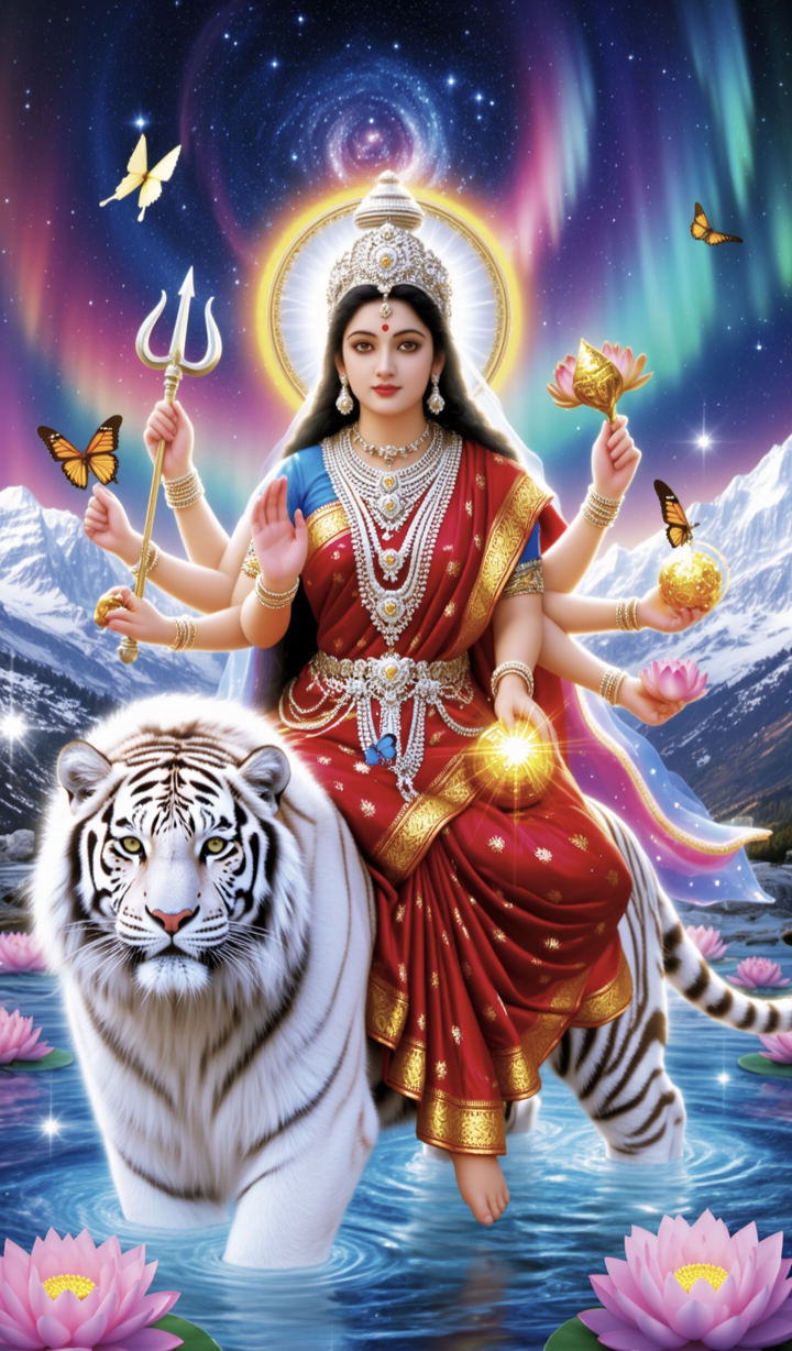 Goddess Durga on White Tiger with Divine Colorful Sky - GodsPhoto
