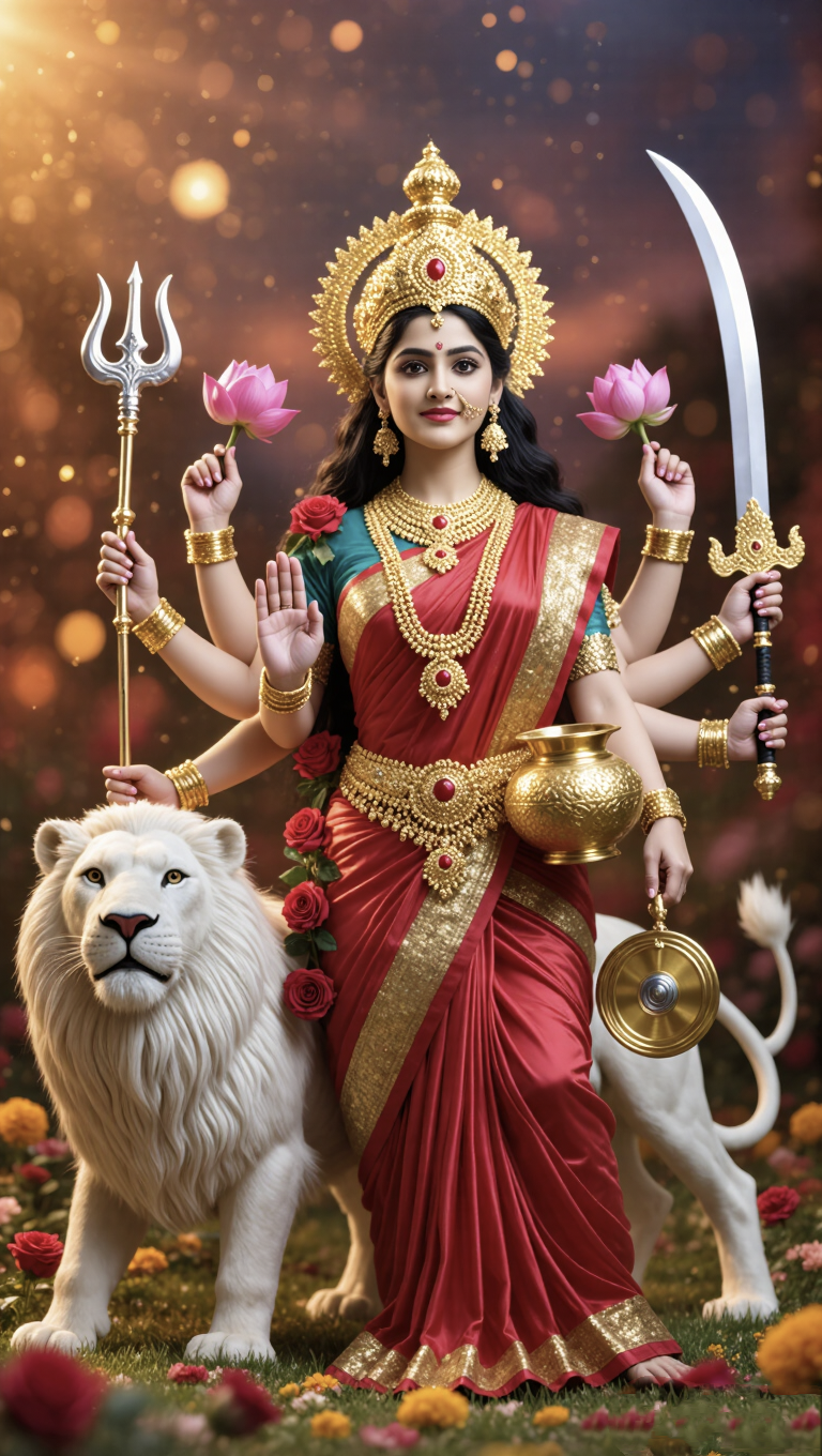 Goddess Durga Standing with Lion Holding Trishul and Sword - GodsPhoto