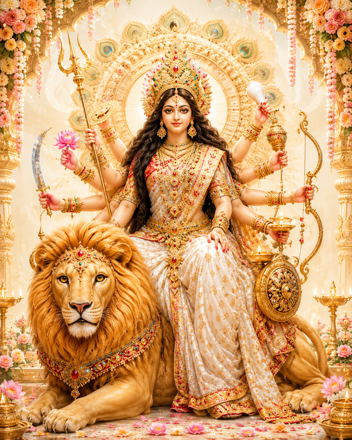 Goddess Durga Walking with Tiger in Red Saree - GodsPhoto