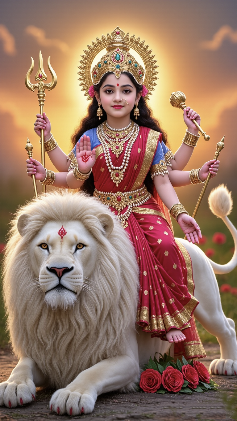Goddess Durga with Lion Holding Trishul and Sword - GodsPhoto