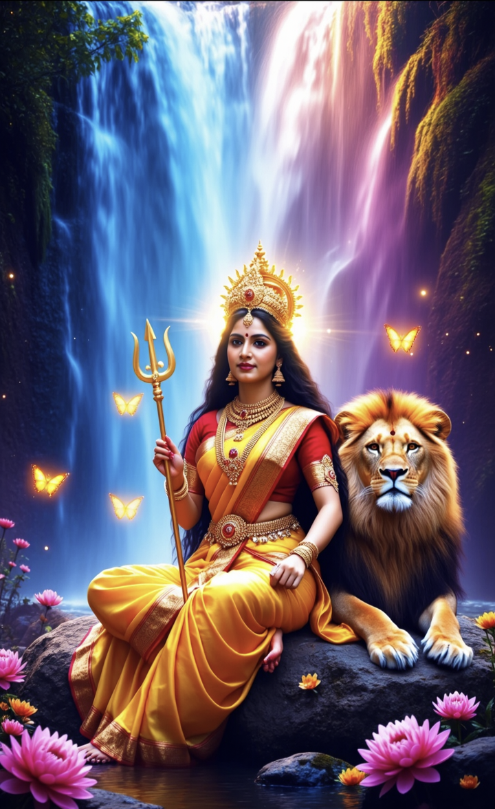 Divine Goddess Durga with Lion and Waterfall of Light - GodsPhoto