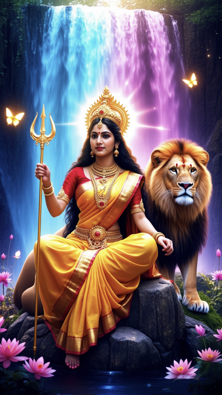 Goddess Durga with Lion and Glowing Waterfall of Light - GodsPhoto