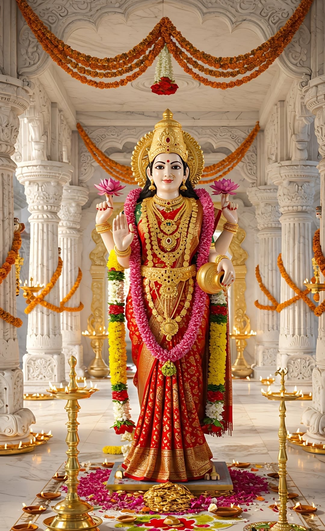 Beautiful Goddess Lakshmi Idol in Temple with Flowers and Lamps - GodsPhoto