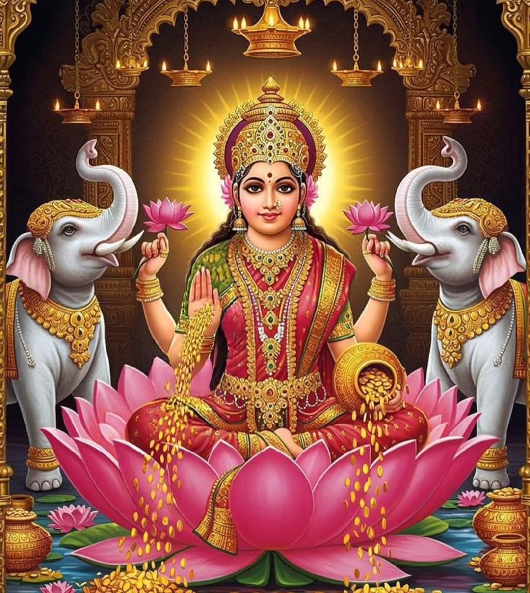 Goddess Lakshmi on Lotus with Elephants - GodsPhoto