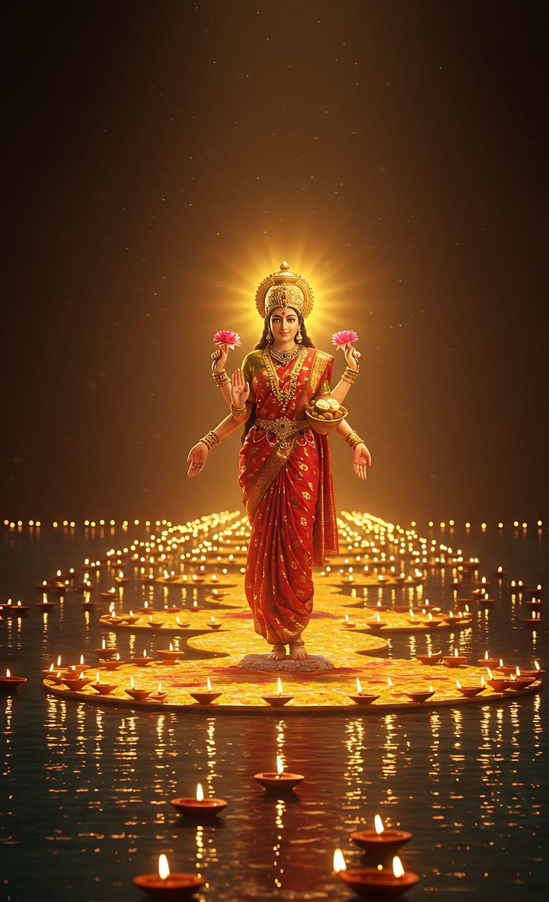 Goddess Lakshmi with Golden Aura and Diyas - GodsPhoto