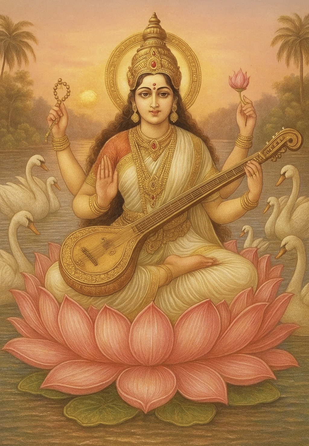 Goddess Saraswati on Pink Lotus with Veena and Swans Image - GodsPhoto