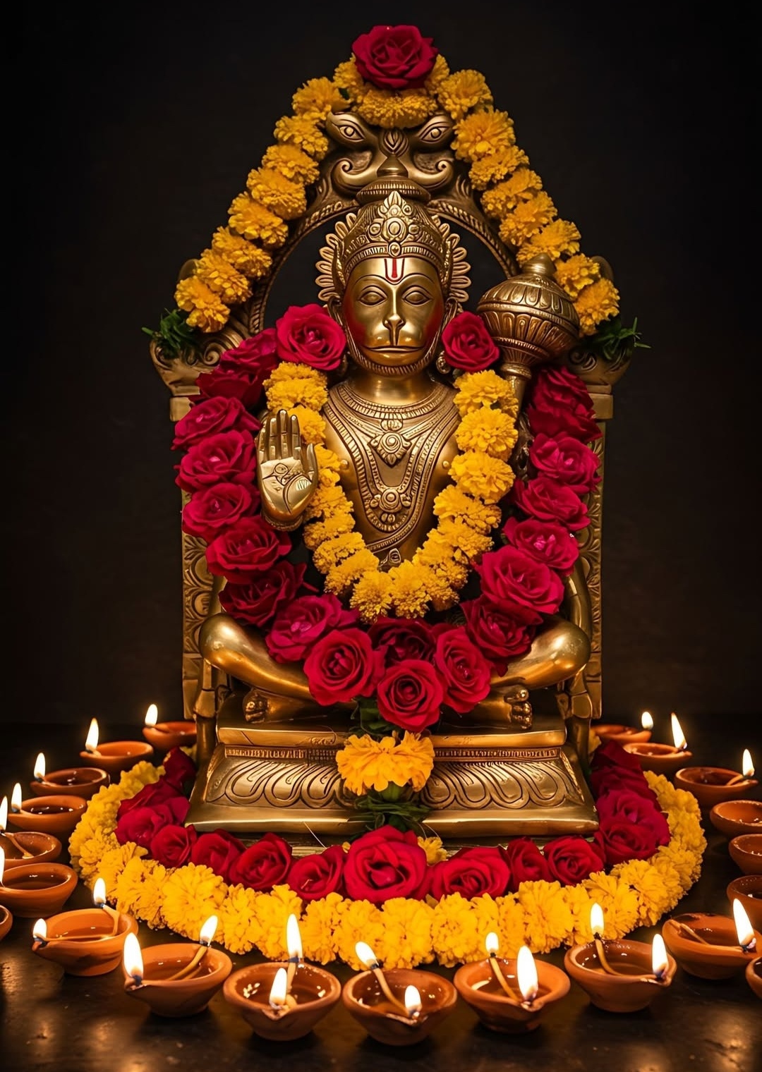 Golden Hanuman Idol Decorated with Flowers and Diyas - GodsPhoto