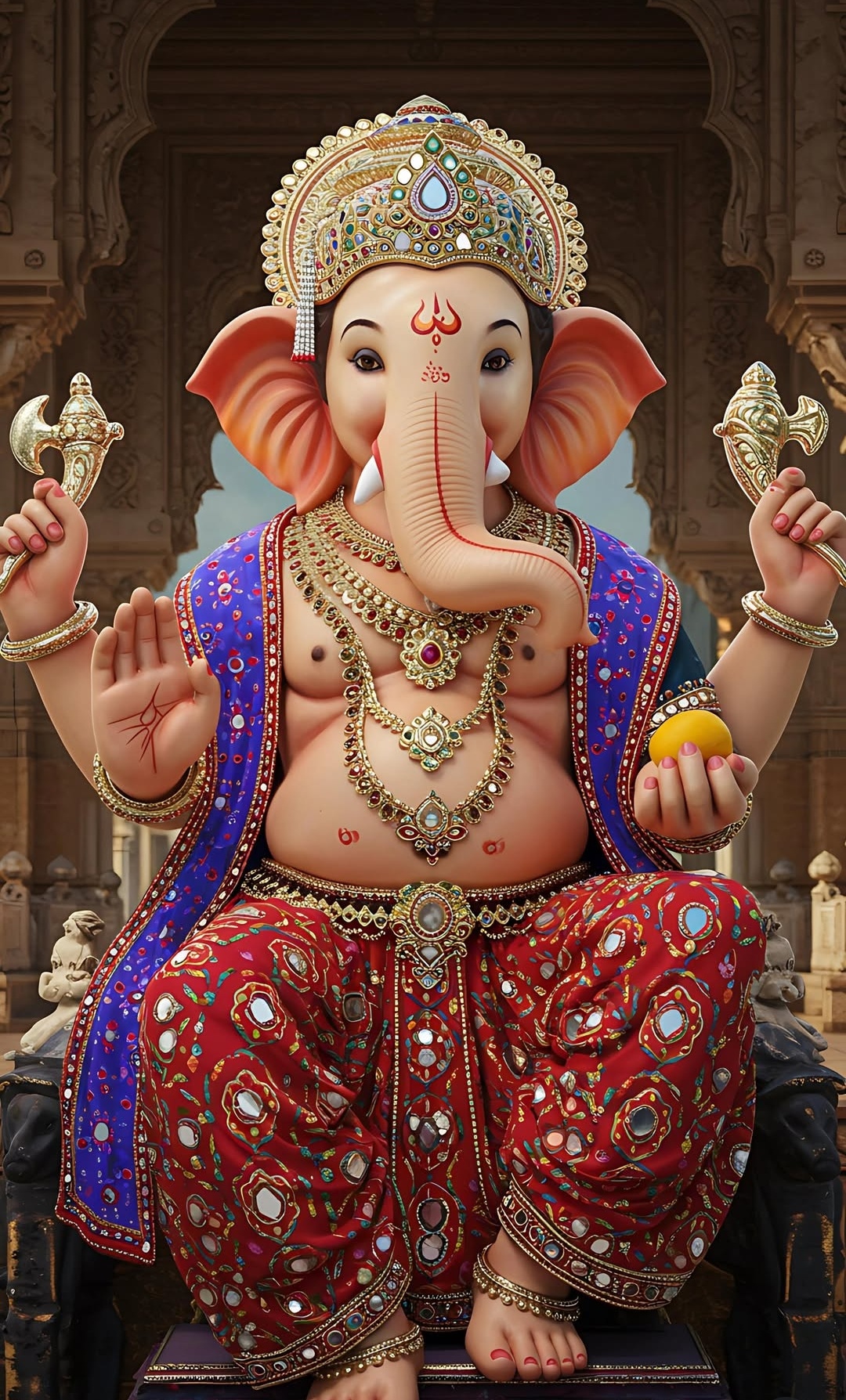 Lord Ganesha Idol in Royal Red Attire - GodsPhoto