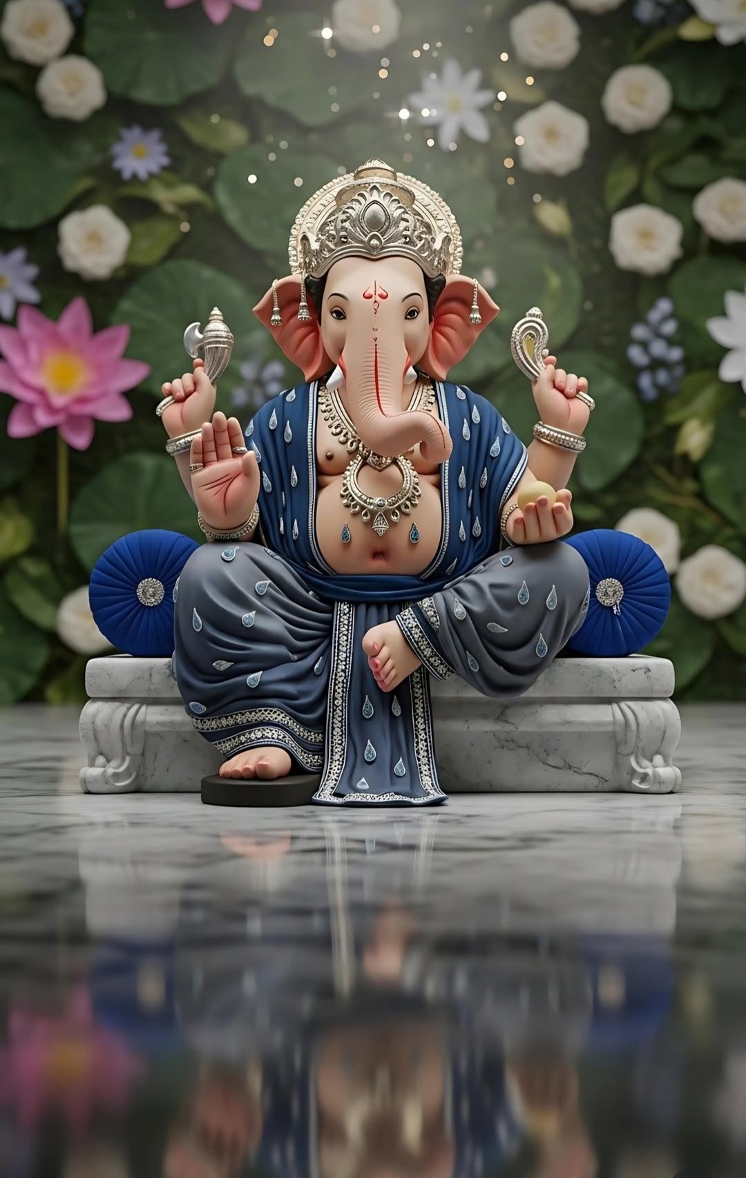 Lord Ganesha in Blue Attire with Lotus Background - GodsPhoto