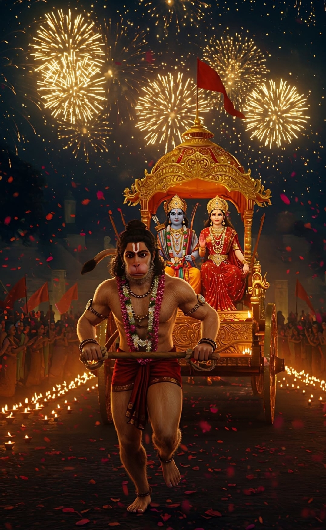 Lord Hanuman Pulling Chariot of Shri Ram and Mata Sita - GodsPhoto