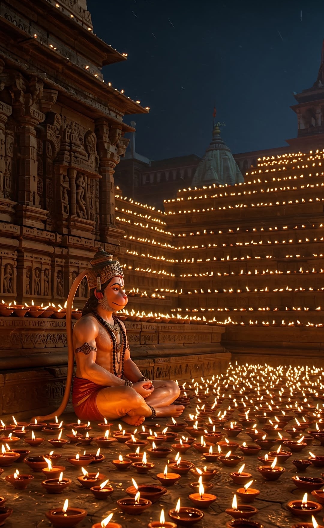 Lord Hanuman Sitting in Meditation with Diyas - GodsPhoto
